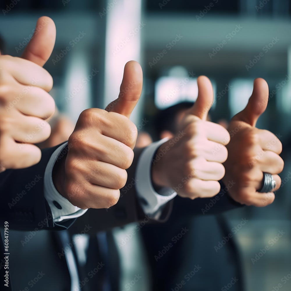 Hands showing thumbs up with business men endorsing, giving approval or saying thank you as a ...