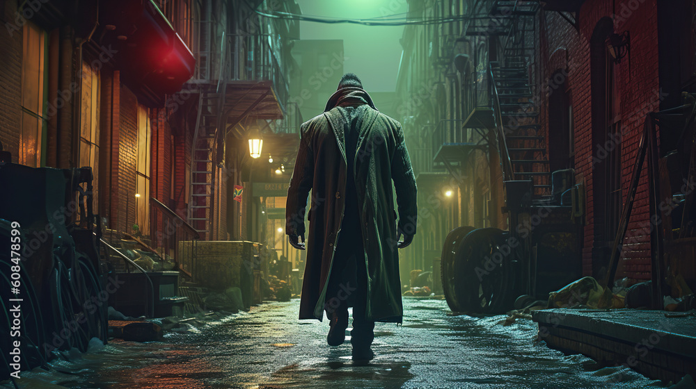 frankenstein monster walking down a narrow street at night. vintage ...