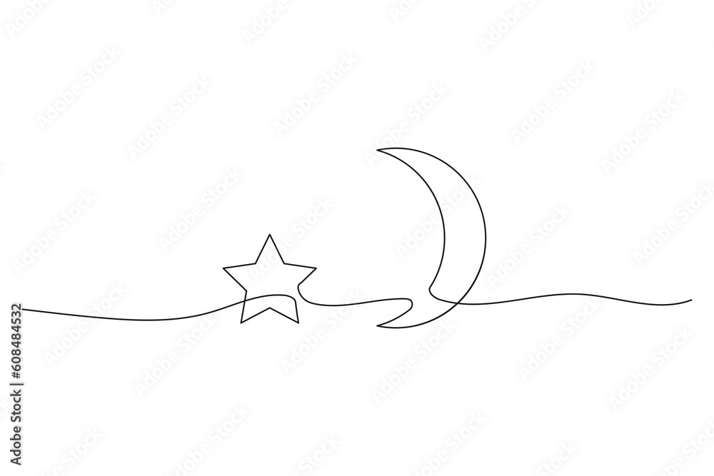 Continuous linear drawing of moon icon. One line drawing background ...