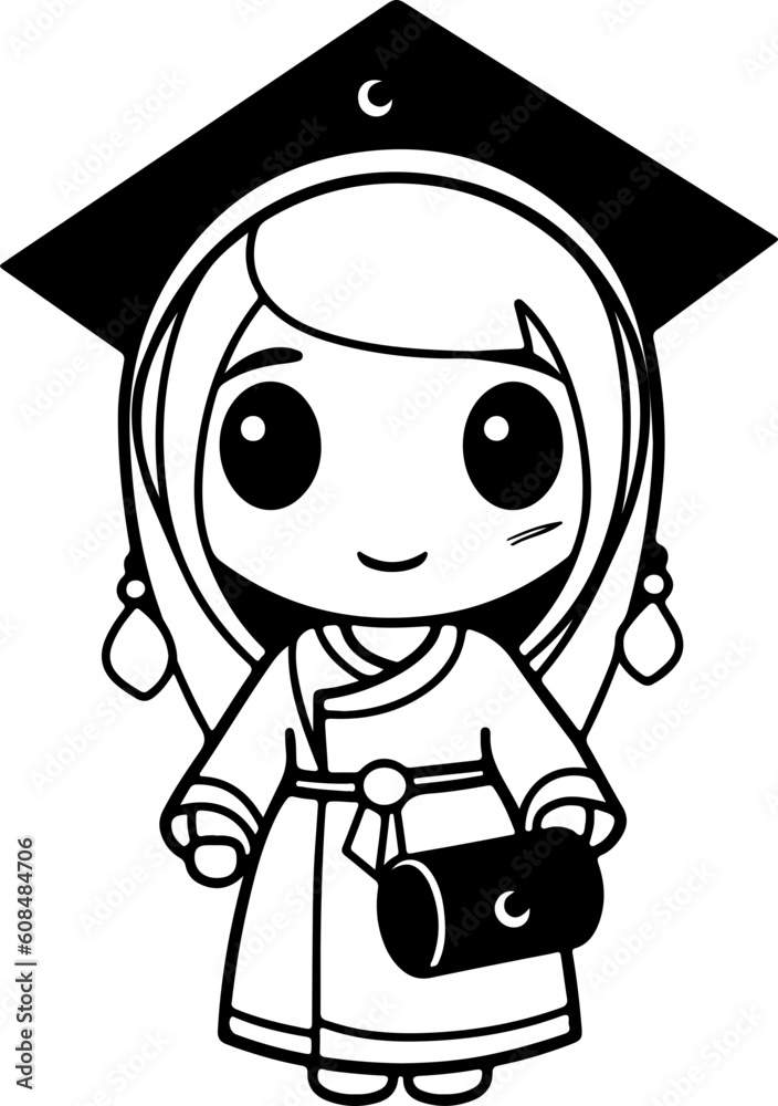 Cute muslim girl graduate drawing outline Stock Vector | Adobe Stock