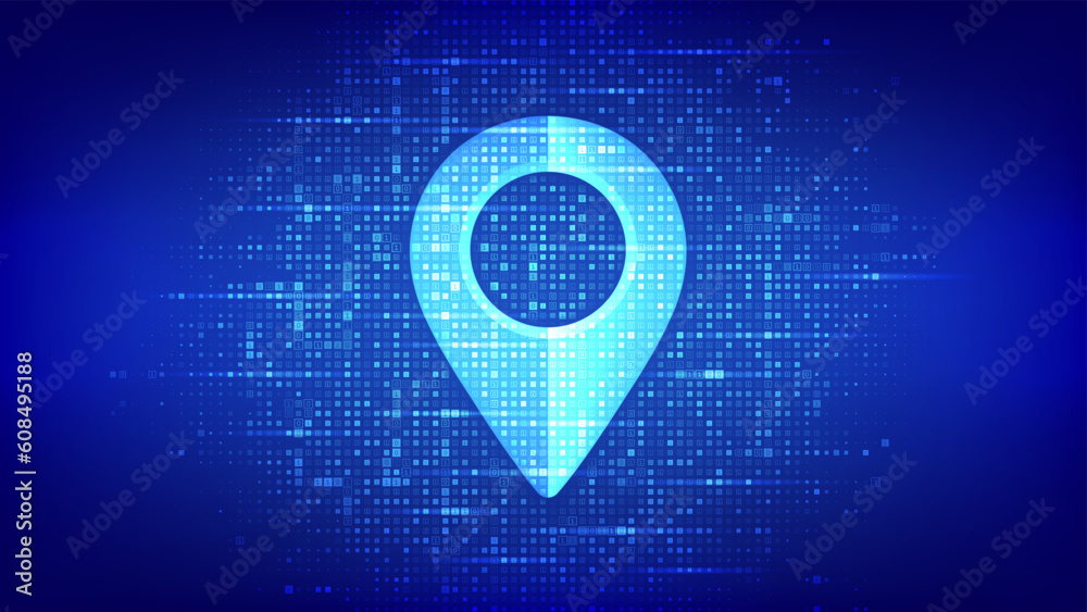 Point of location sign made with binary code. Pointer of map. Matrix background with digits 1.0 ...