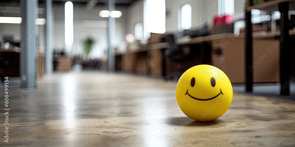 Positivity in the workplace demonstrated by a yellow smiling ball in ...