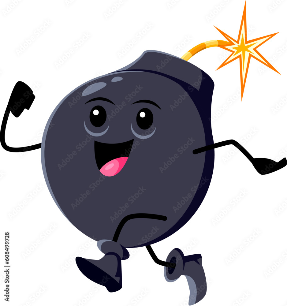 Cartoon bomb character with a big grin and burning fuse races along ...