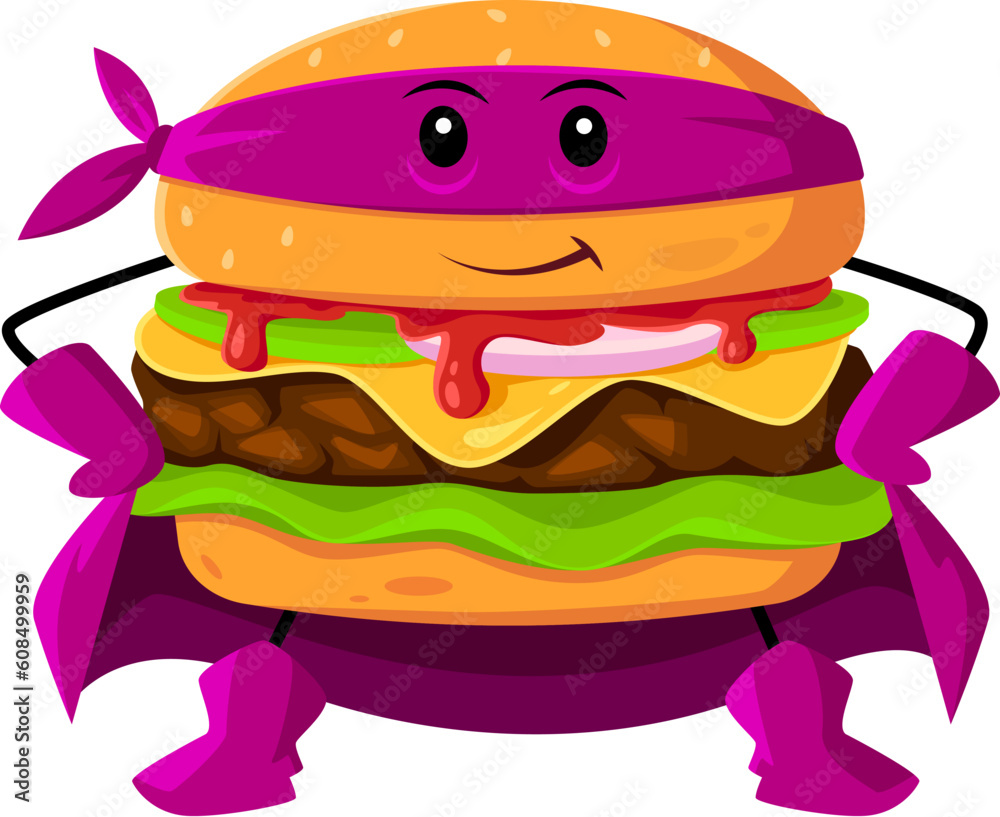 Cartoon fast food hamburger superhero character. Takeaway meal hero ...