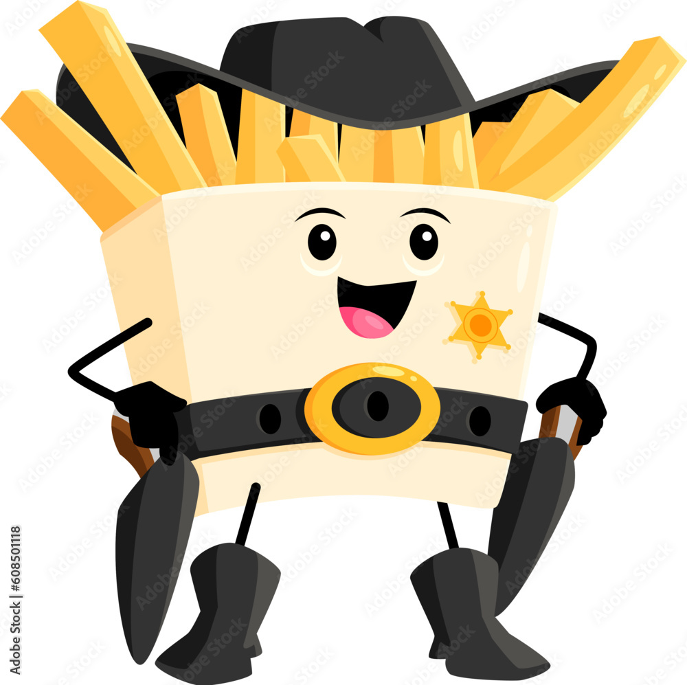 Cartoon fast food french fries sheriff character. Street fast food cafe ...