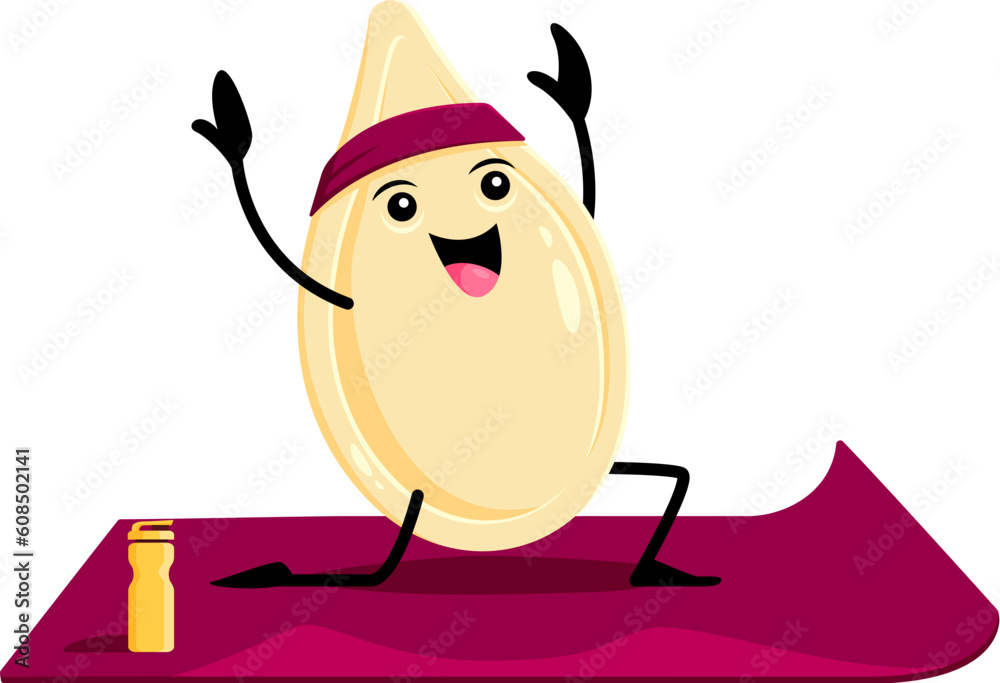 Cartoon happy pumpkin seed character on yoga or fitness sport. Vector ...