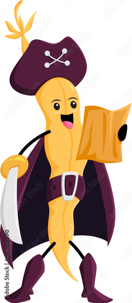 Cartoon soybean pod pirate or corsair character holding treasure map ...