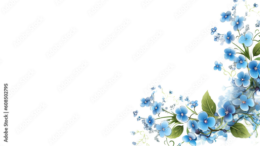 delicate forget-me-not blooms as a frame border, isolated with negative ...