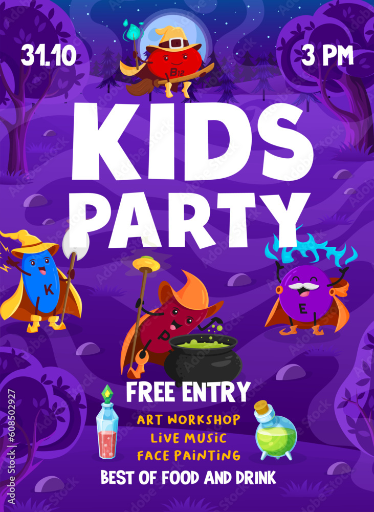 Halloween party flyer. Cartoon vitamin and micronutrient wizards and ...