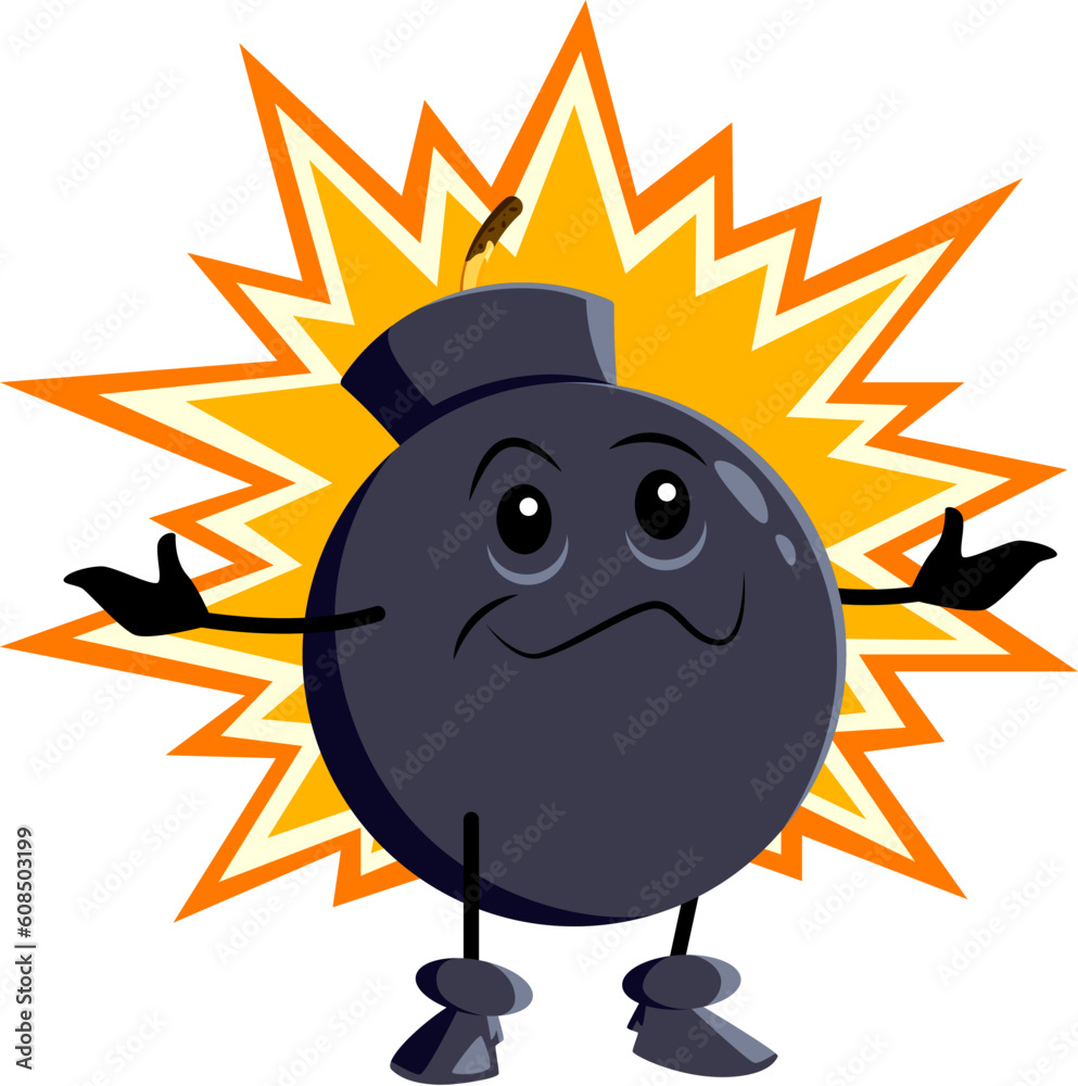 Cartoon bomb character, explosive weapon personage with burst, wick or ...