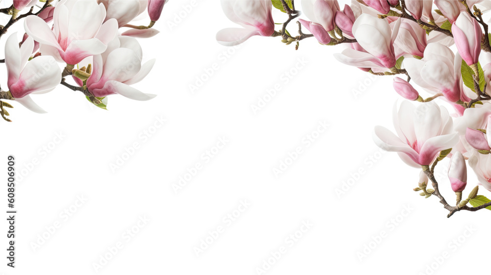 majestic magnolia blooms as a frame border, isolated with negative ...