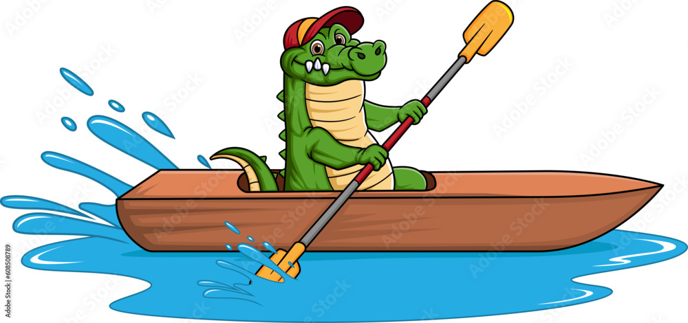 Cute cartoon crocodile Rowing a wooden boat Stock Vector | Adobe Stock
