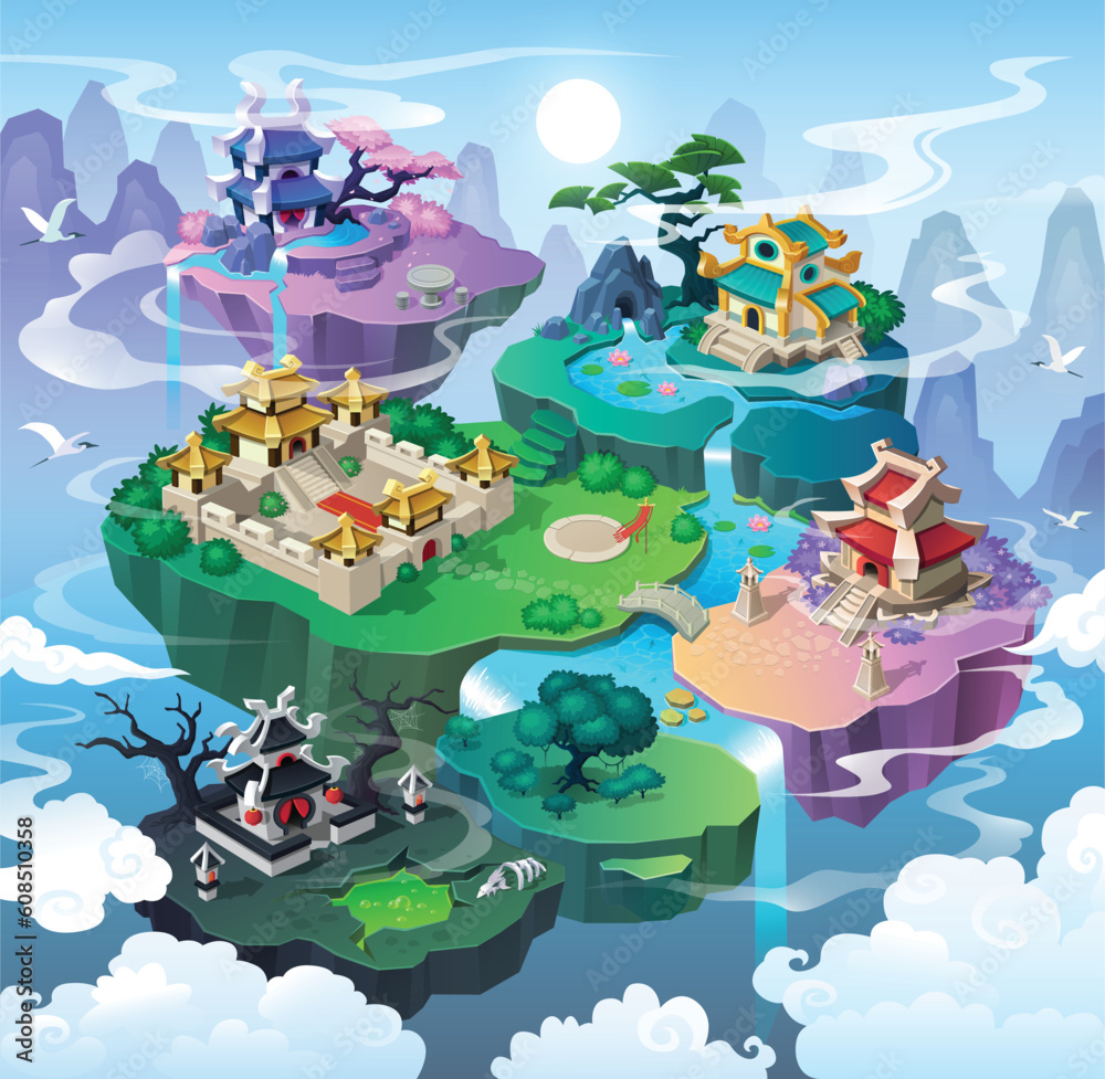 level maps for game. traditional Asian houses on islands,, Fantasy land ...