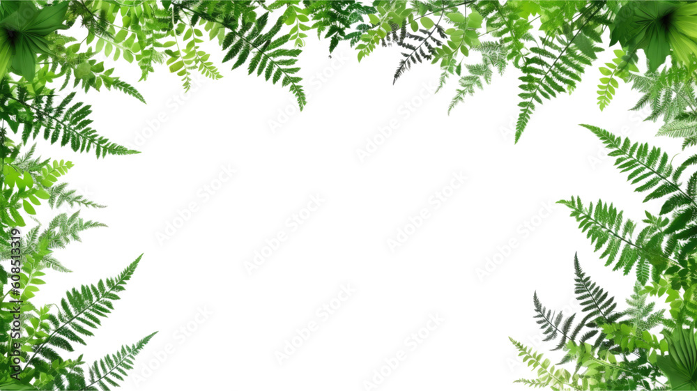 intricate fern leaves as a frame border, isolated with negative space ...