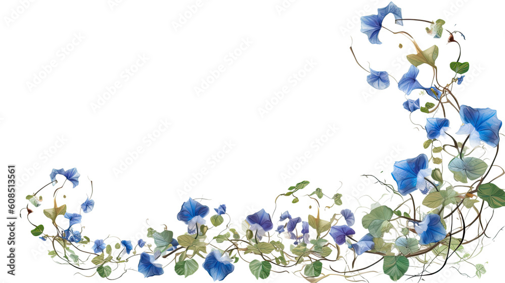 whimsical morning glory vines as a frame border, isolated with negative ...