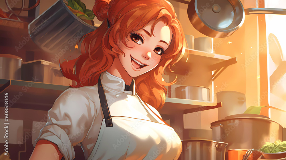 hand drawn cartoon illustration of a girl chef in the kitchen Stock ...