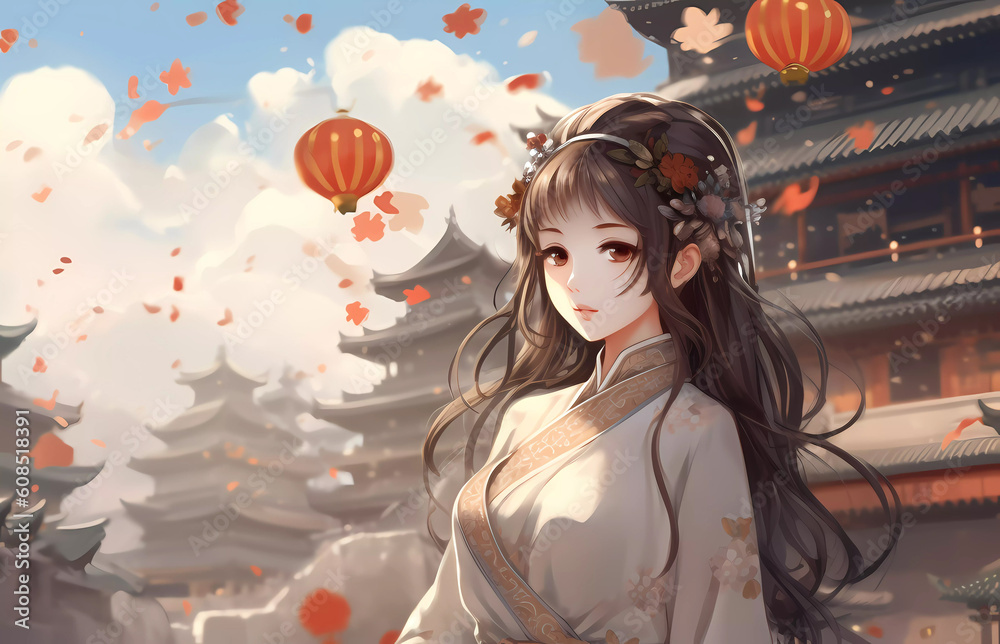 Hand Drawn Cartoon Beautiful And Lovely Chinese Girl Illustration Stock Illustration Adobe Stock