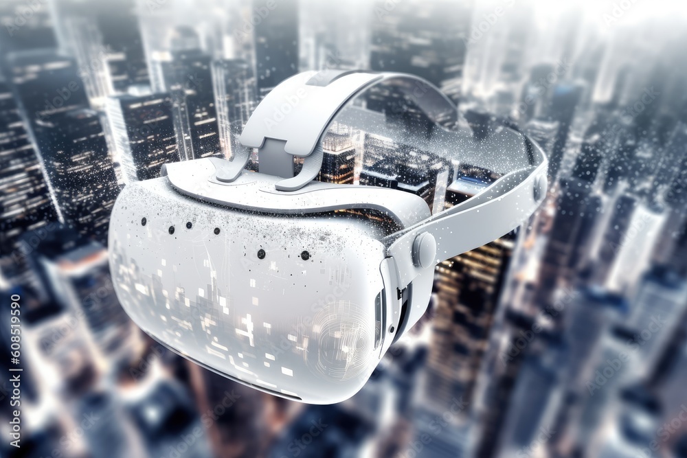Virtual reality headset with cityscape background. Sparkle digital ...