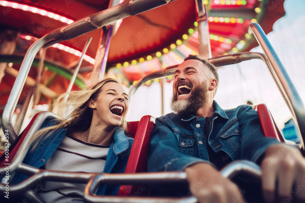 Excited couple enjoying a thrilling, high-speed ride at an amusement ...
