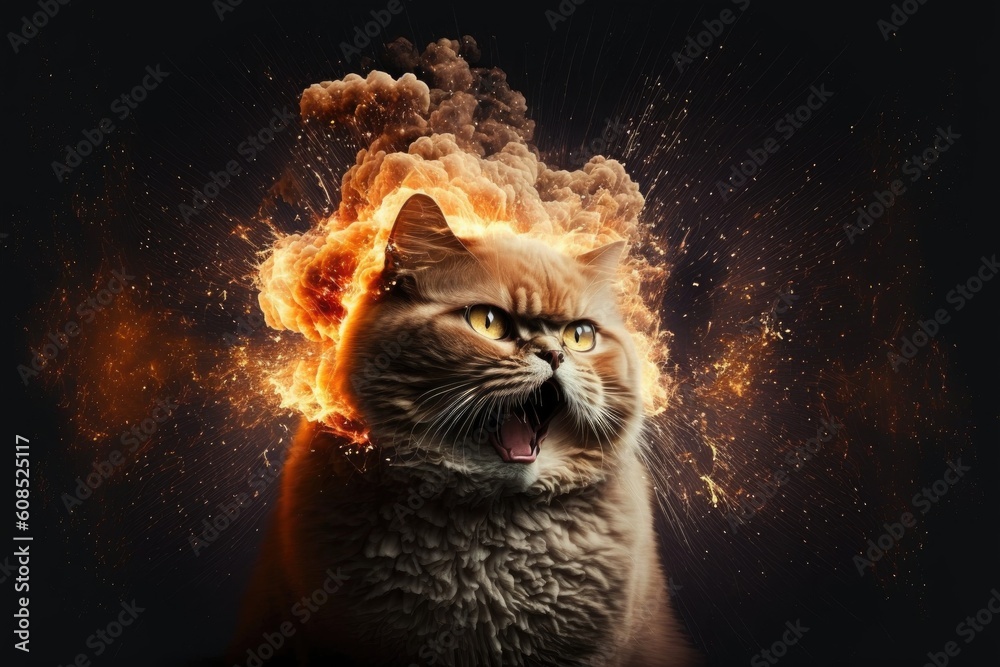 Cat portrait with explosion fire on head. Night sky background ...