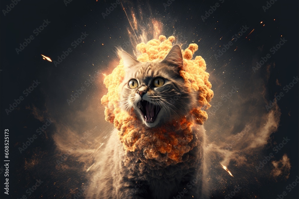 Cat with bursting head on night sky background Stock Illustration ...