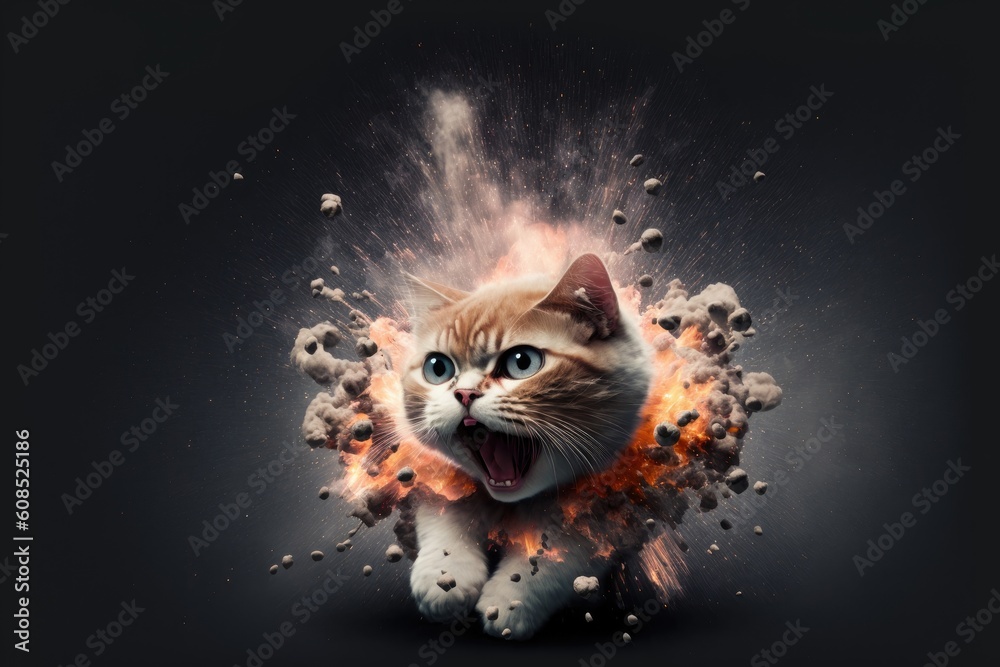 Kitten portrait with explosion on body. Black background. Isolated ...