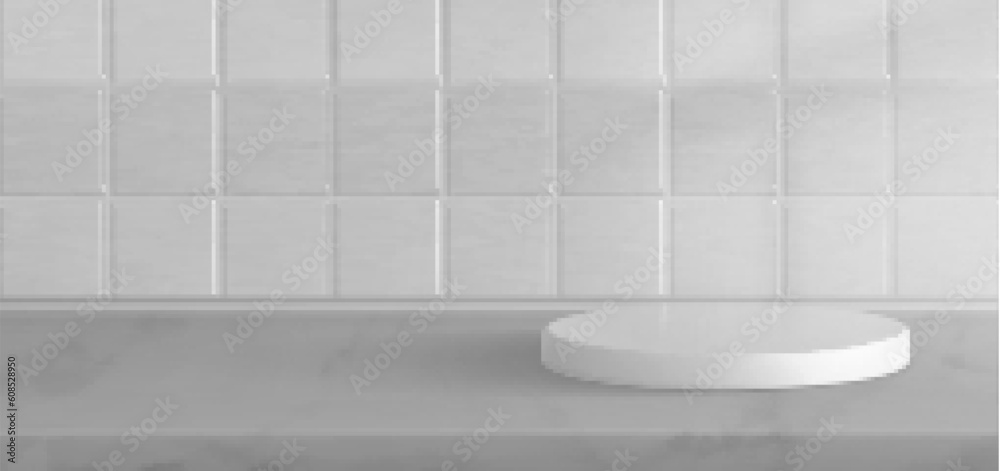 3d white kitchen tile podium platform background. Perspective product ...