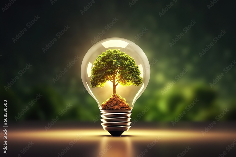 Sustainable Illumination Green Energy Concept with Tree Inside Light Bulb and Resource Icon ...