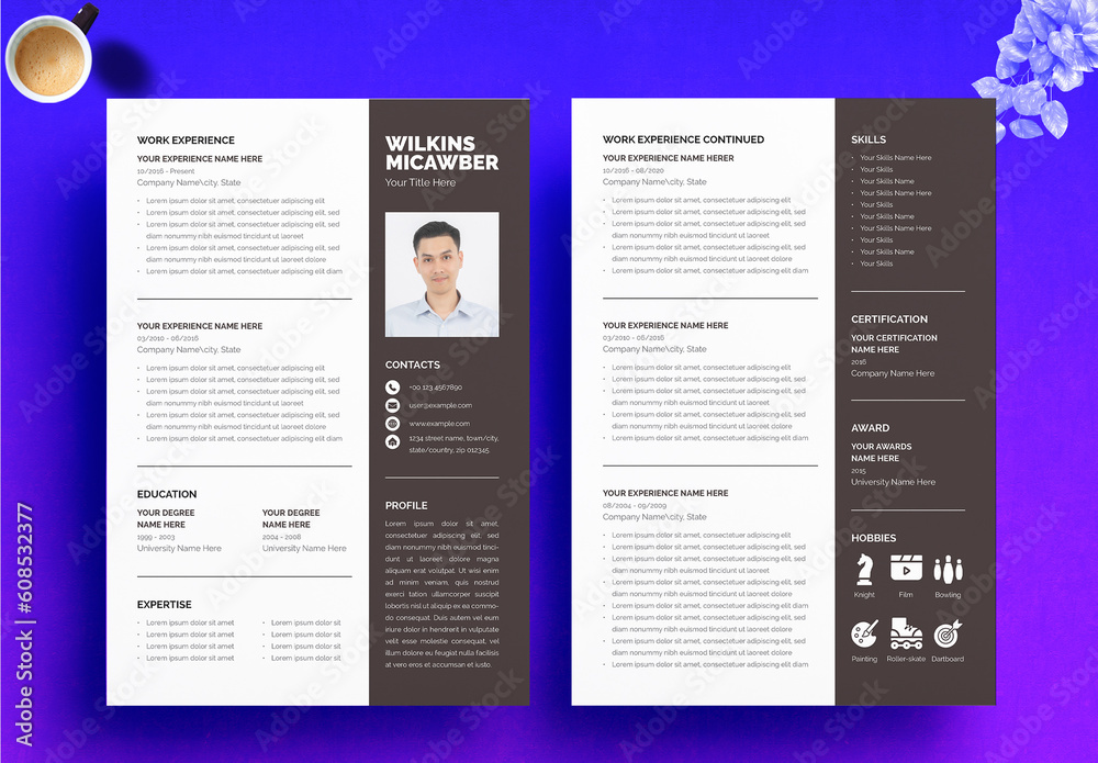 Resume Cover Layout with Dark Pruple Elements Stock Template | Adobe Stock