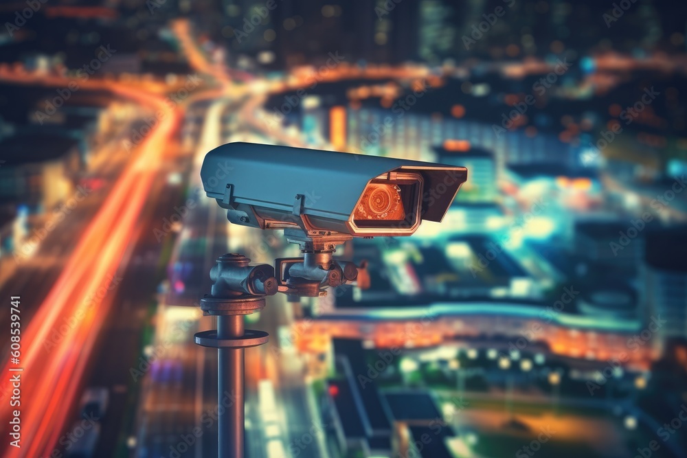 Modern CCTV camera over cityscape background, unfocused smart city ...