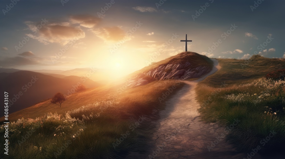 Path with stairs leading to Christian cross on hill. Happy easter ...