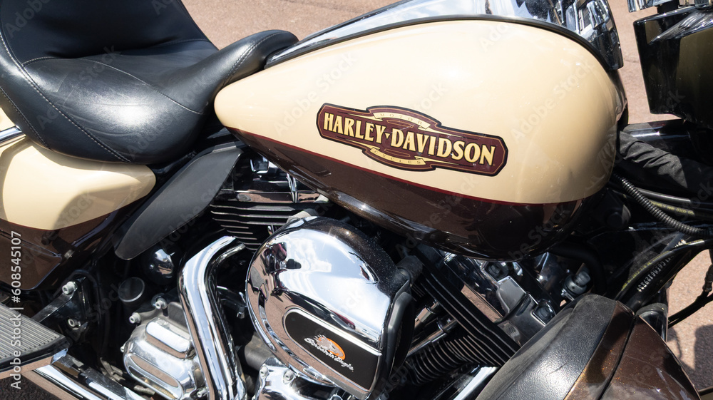 harley davidson detail motorbike with logo text and brand sign on fuel ...