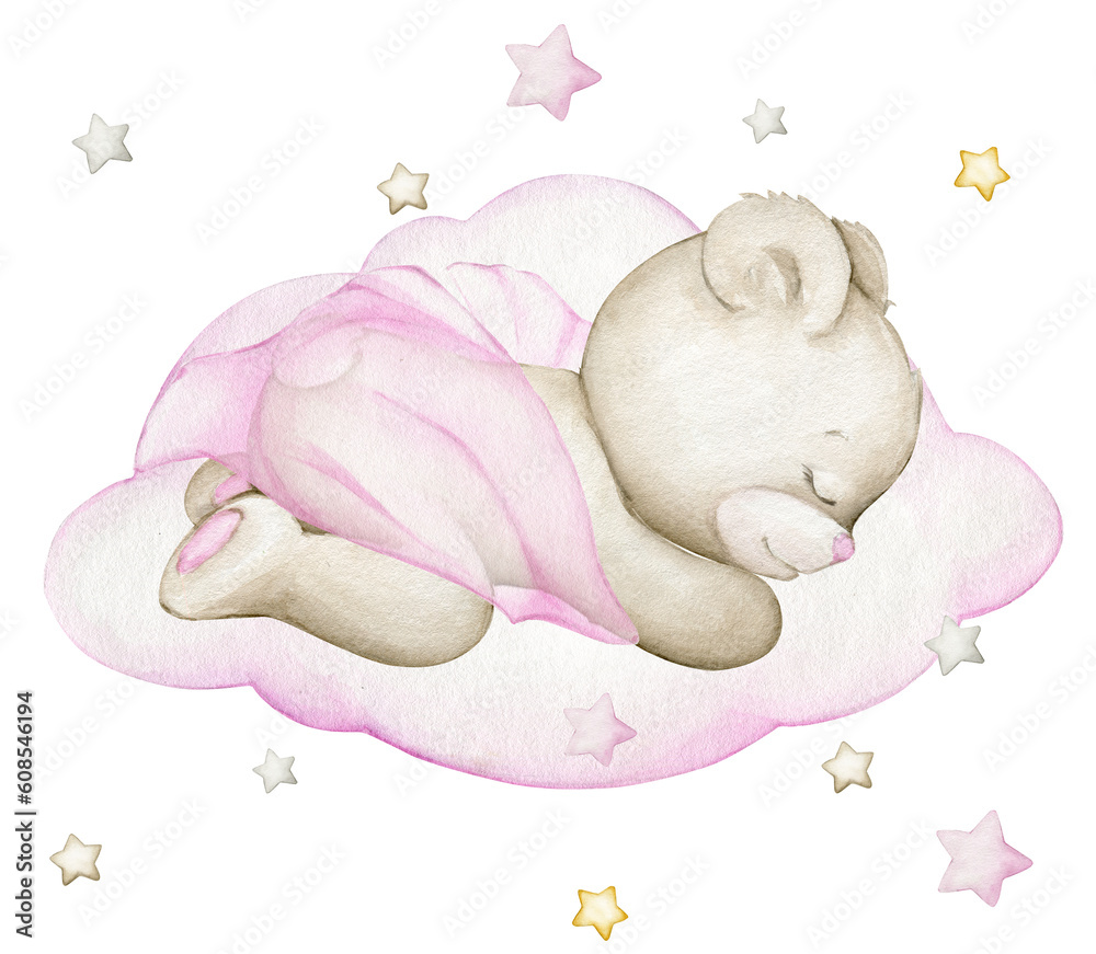 Cute little bear, sleeping on a pink cloud, surrounded by stars ...