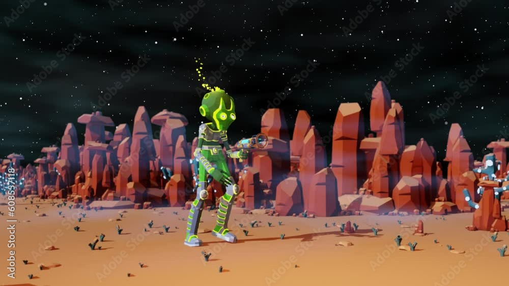 An alien with a blaster walking on the surface of an alien planet. The ...