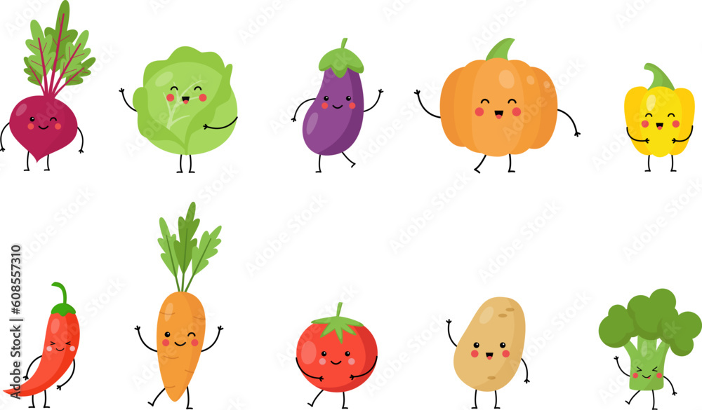 Set of cute kawaii vegetables with funny faces hands and legs. Stock ...
