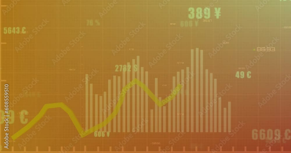 Animation of changing numbers and currency symbols over graph against ...