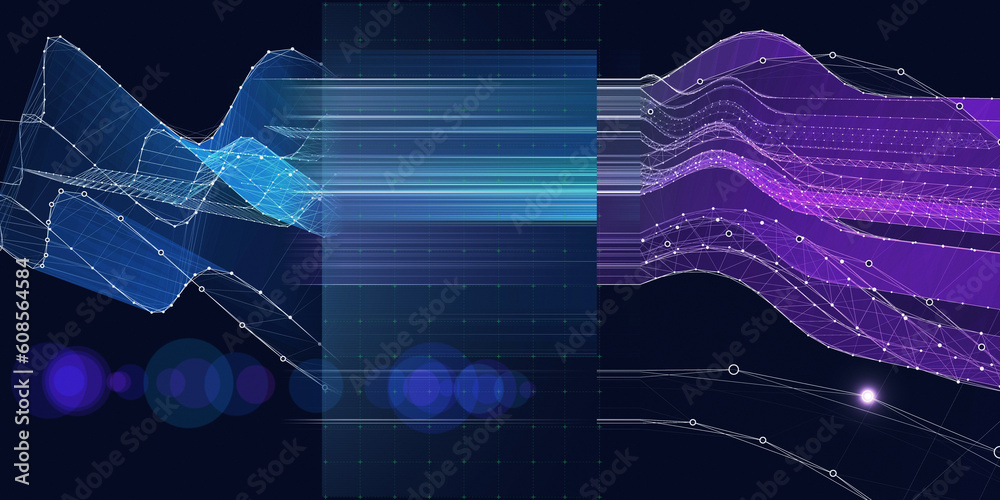 Abstract background graph wavy color blurred lines with dots on black. Big Data. Technology ...