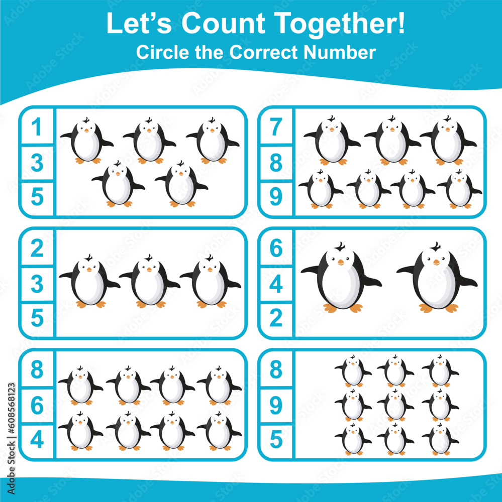 Vetor de Let’s counting the penguins together and circle the correct ...