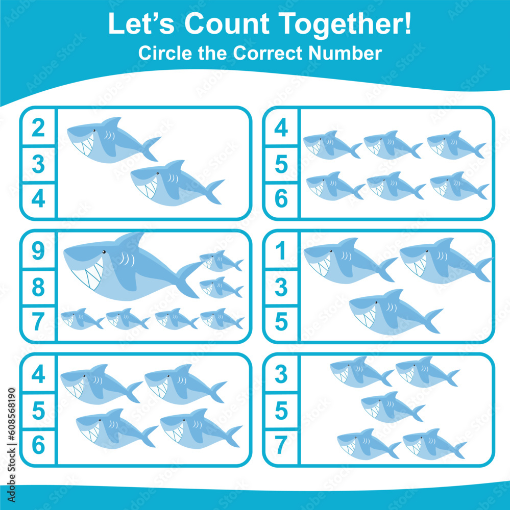 Vetor de Let’s counting the sharks together and circle the correct ...