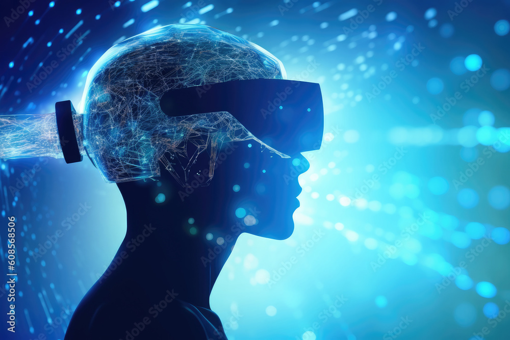Concept of virtual reality technology. Men wearing VR headset, sparkle ...