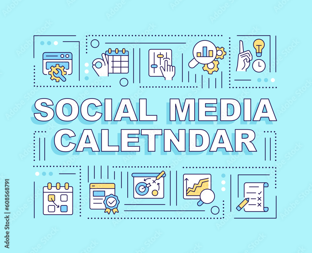 Social media calendar word concepts turquoise banner. Digital marketing. Infographics with ...