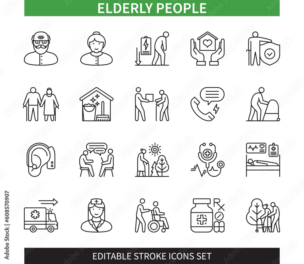 Editable line Elderly people outline icon set. Elderly people walking ...