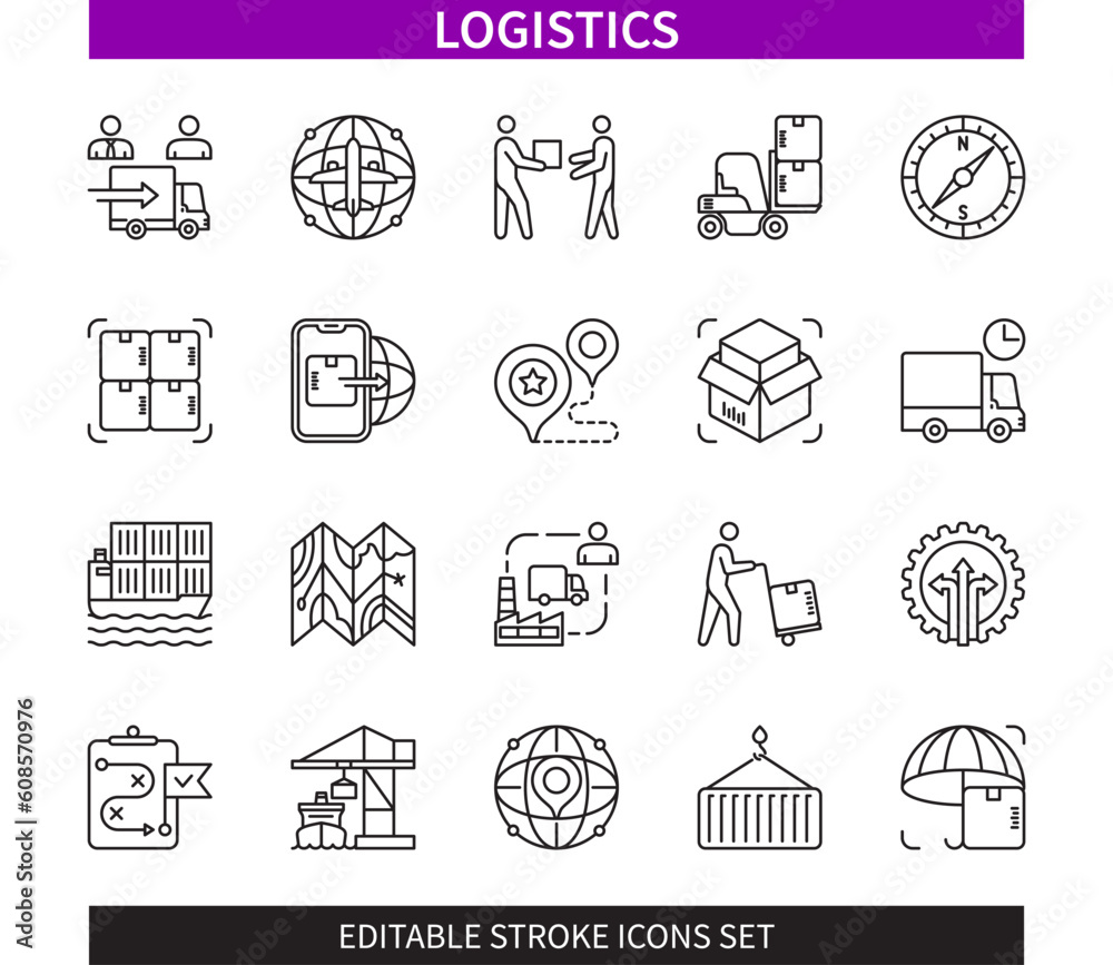 Editable line Logistics outline icon set. Delivery, route, management ...