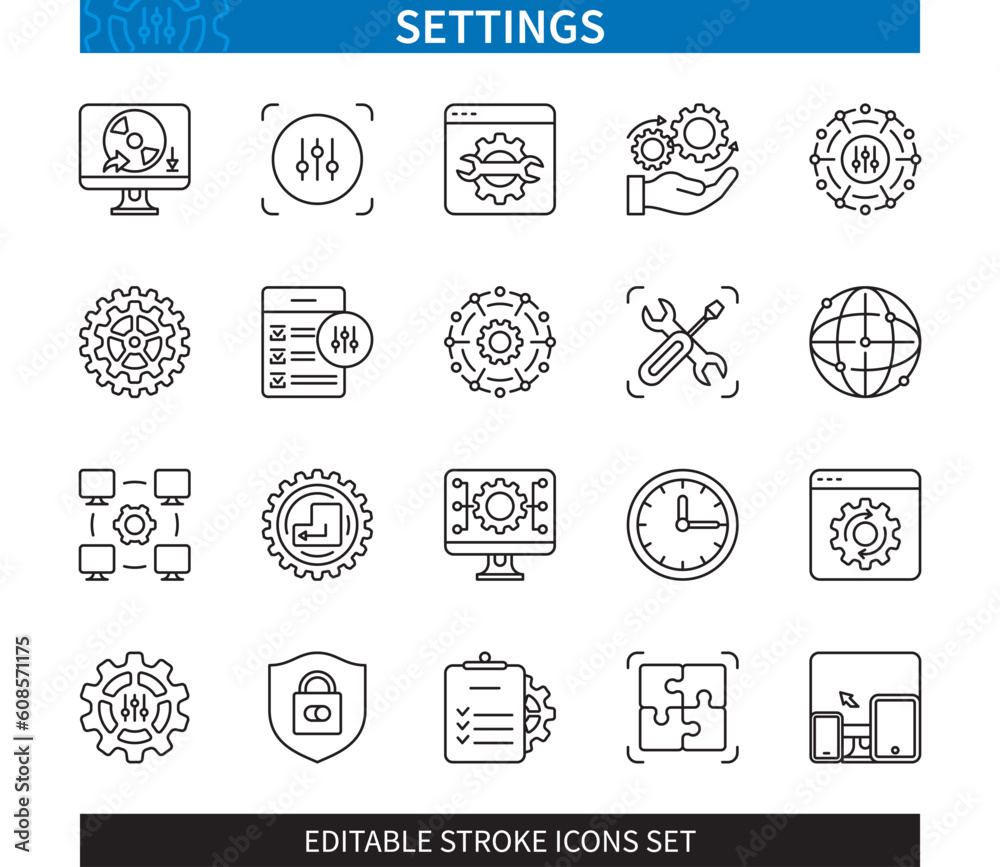 Editable line Settings outline icon set. Configuration, system, installation, option, software ...