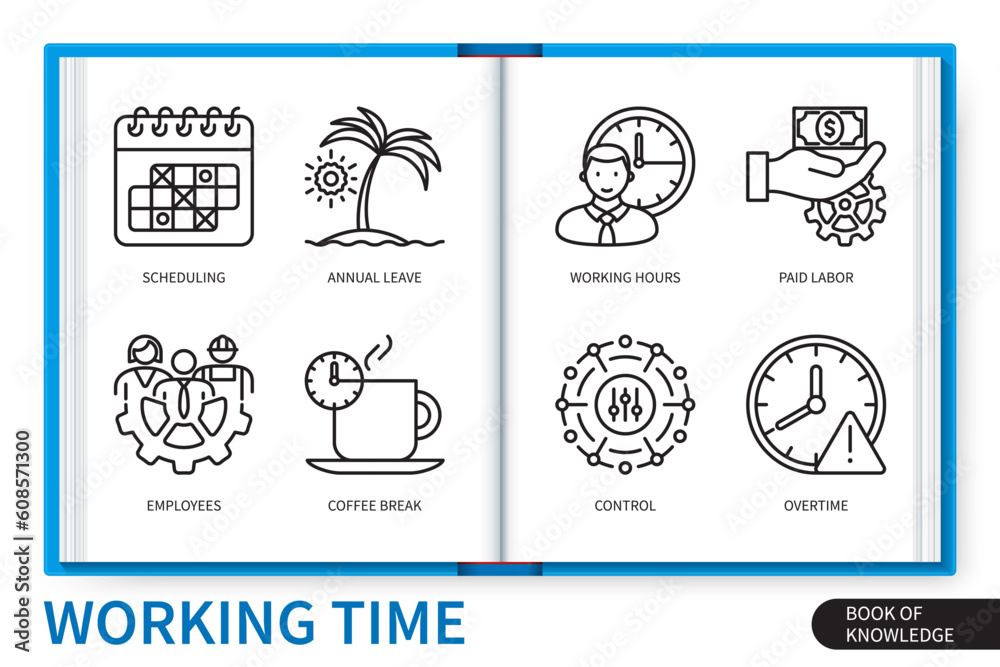 Working time infographics elements set. Paid labor, scheduling ...