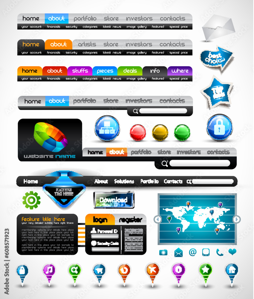Premium Collection of modern style web headers, forms, icons, world map ...