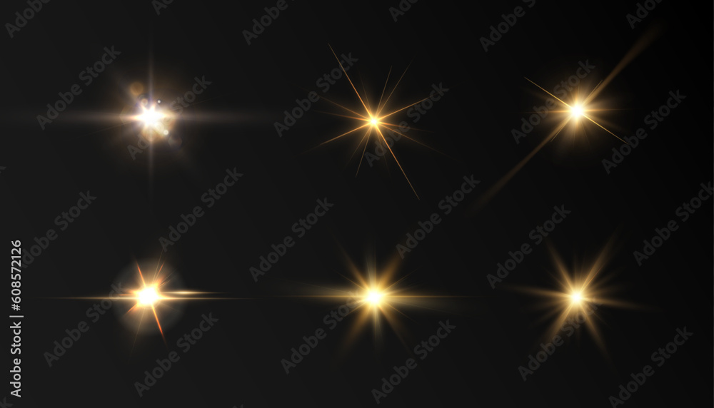 Set of light effects golden glowing light isolated on transparent background. Solar flare with ...