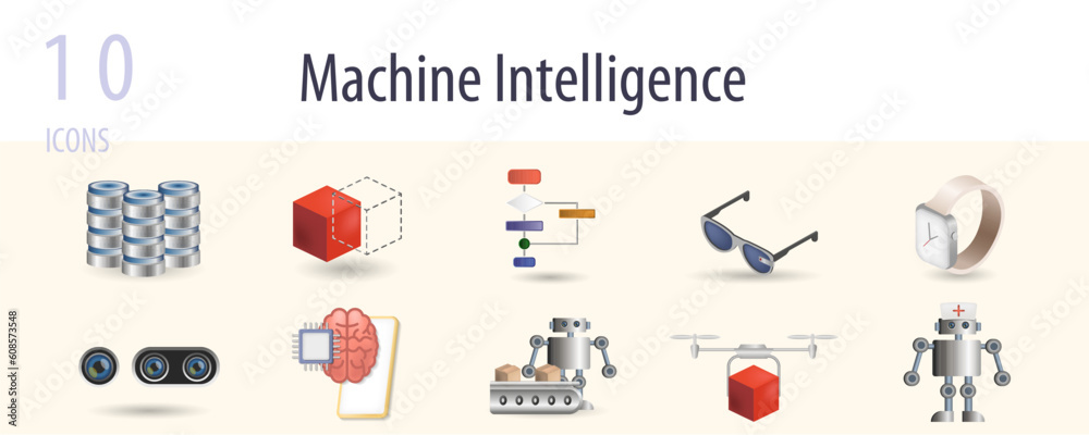 Machine intelligence icons set. Creative elements: big data, pattern, algorithm, smart glasses ...