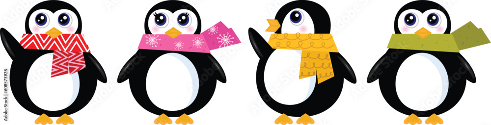 Cute winter stylized Penguins. Vector cartoon Illustration Stock Vector ...