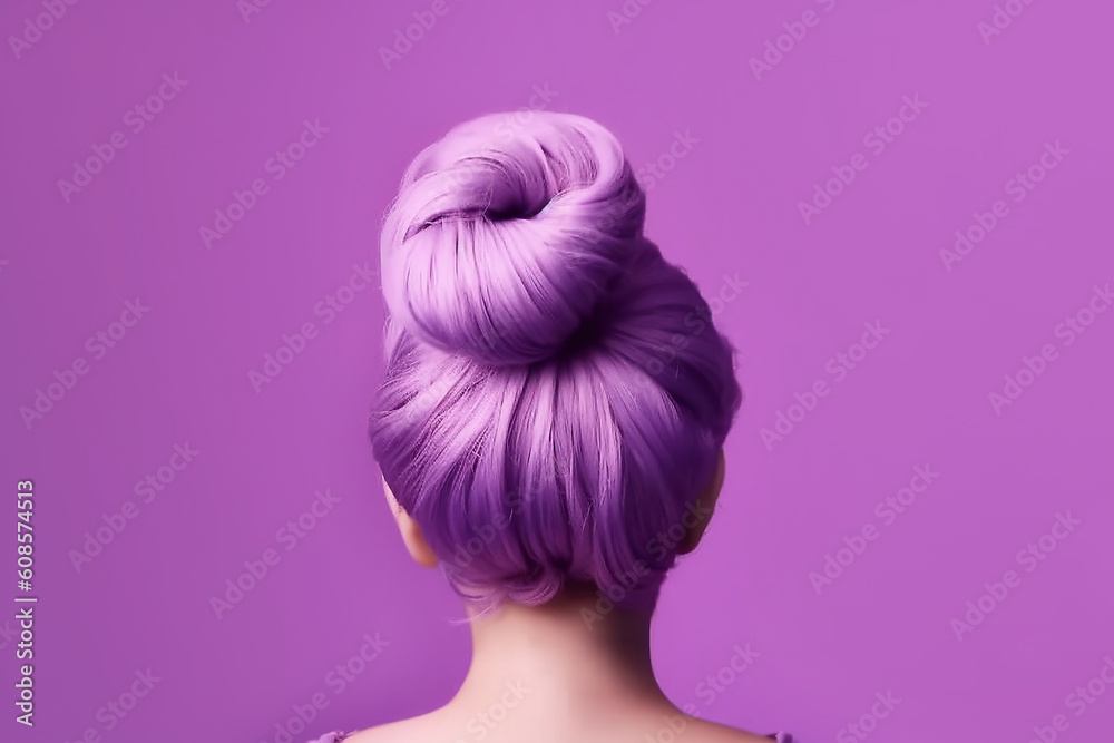 Modern hairstyle bun on purple hair back view close-up, created with ...